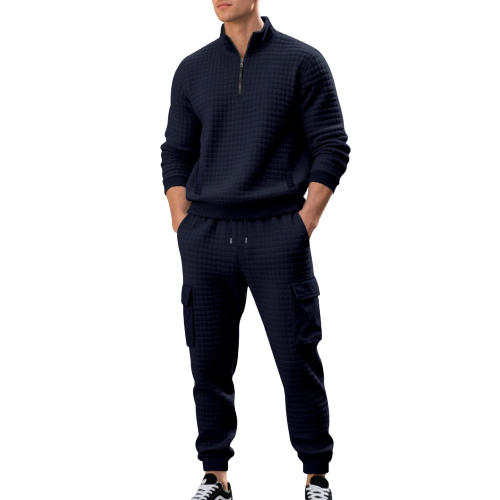 CharmCyan Mens Waffle Knit Two Piece Set Zipper Pullover Long Sleeve ...