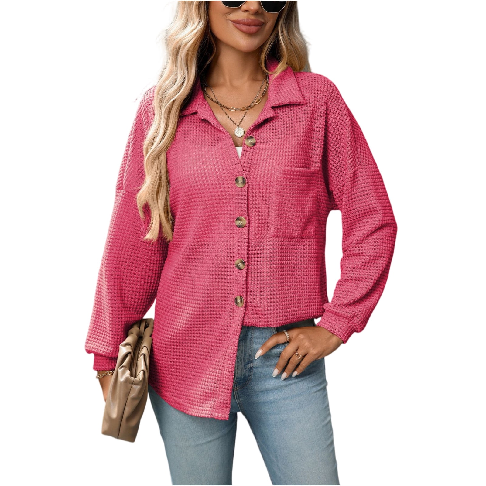 CharmCyan Women Button Down Waffle Knit Long Sleeve Shirt Casual Loose ...