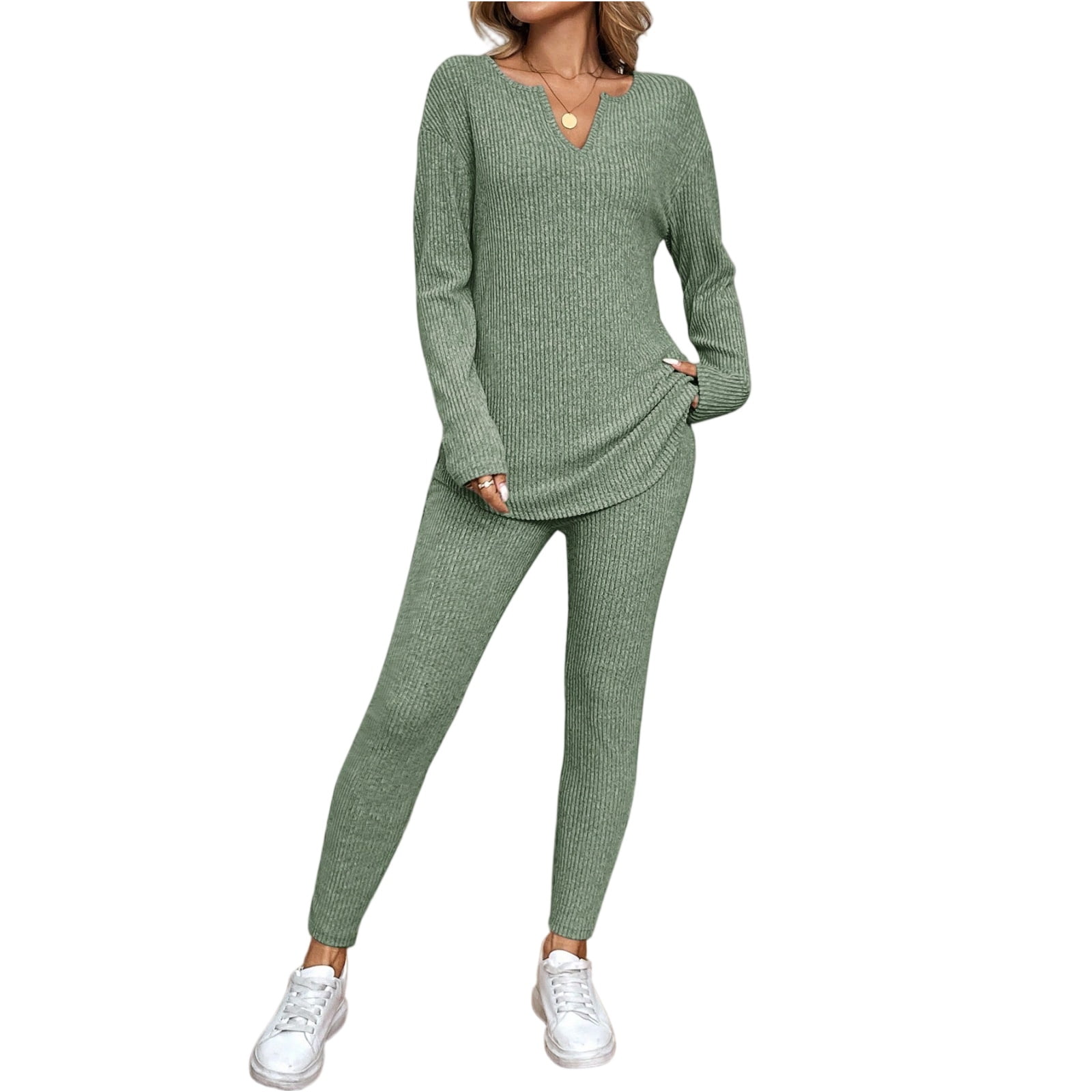 CharmCyan Women's 2 Piece Outfits Sets Ruched Long Sleeve Tops Wide Leg ...