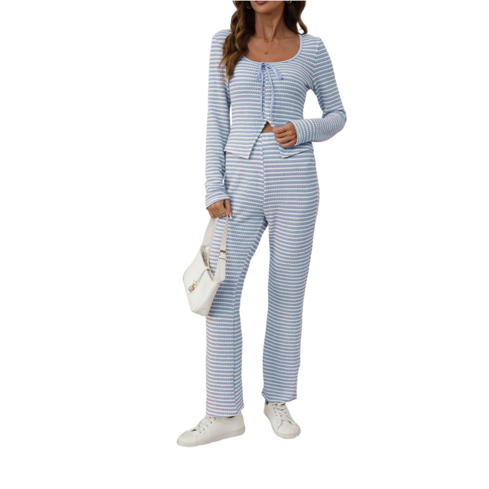 CharmCyan Women's 2 Piece Outfits Sets Ruched Long Sleeve Tops Wide Leg ...