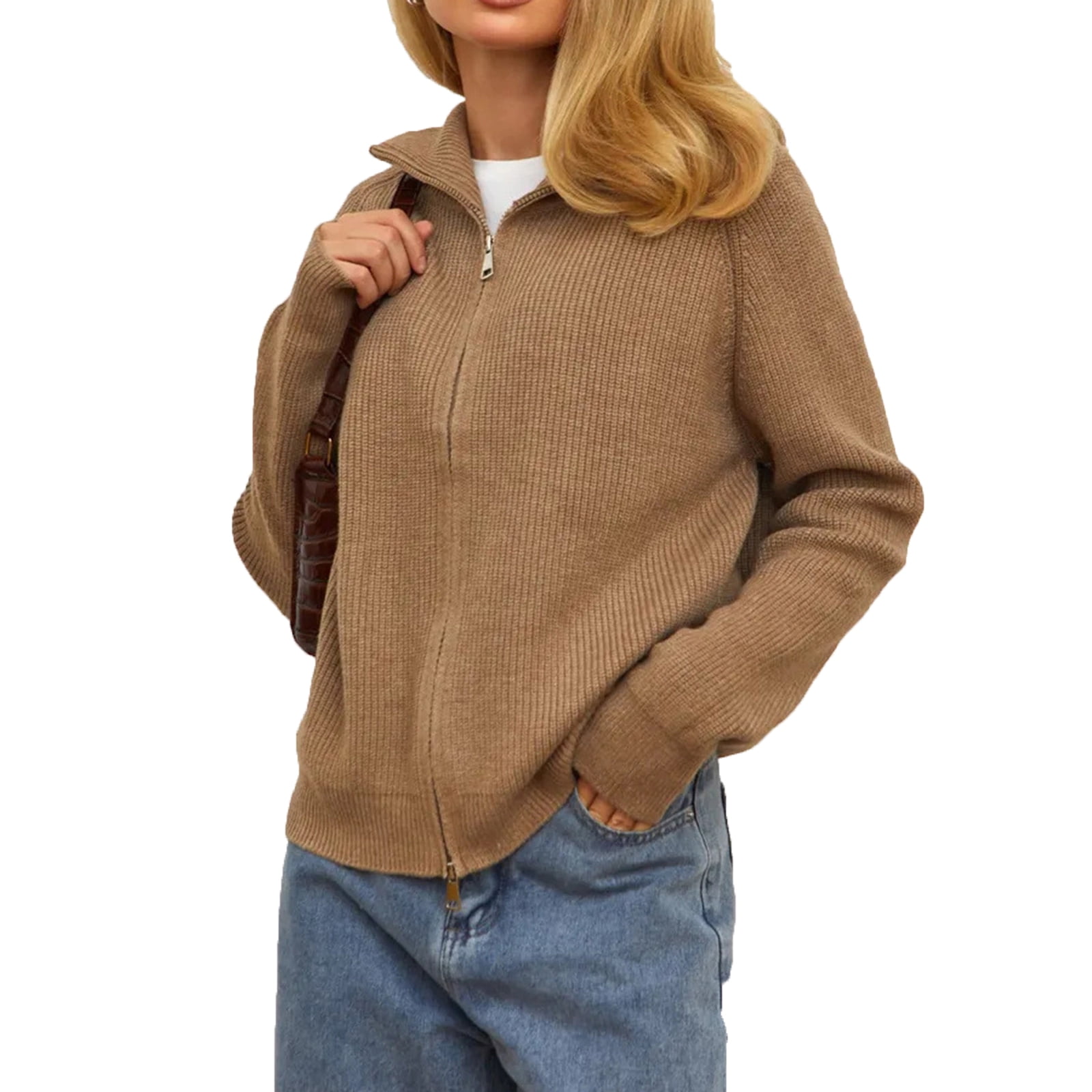 CharmCyan Women's Casual Fashion Double Zipper Lapel Knitted Cardigan ...