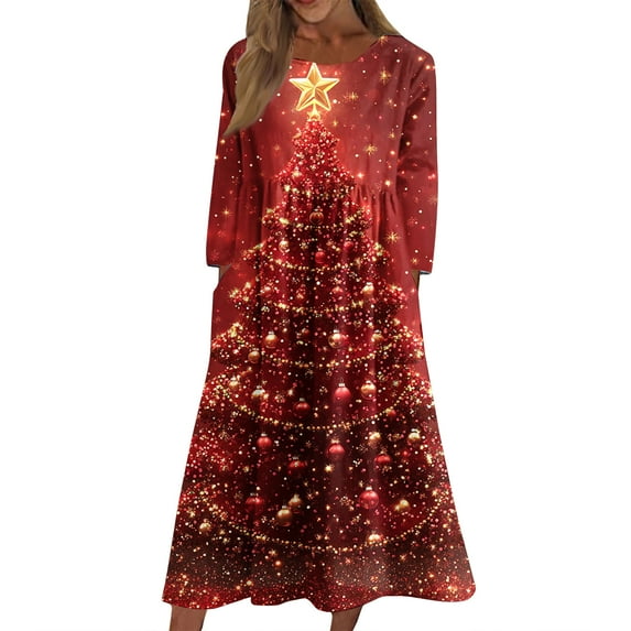 CharmCyan Women's Casual Round Neck Christmas Print Midi Dress Long ...