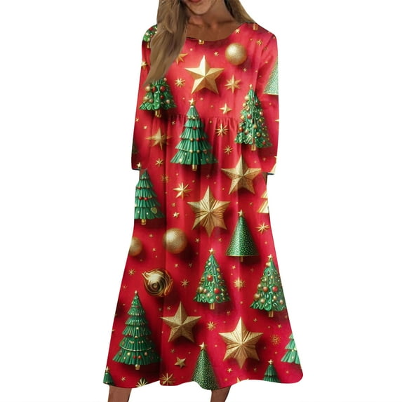 CharmCyan Women's Casual Round Neck Christmas Print Midi Dress Long ...