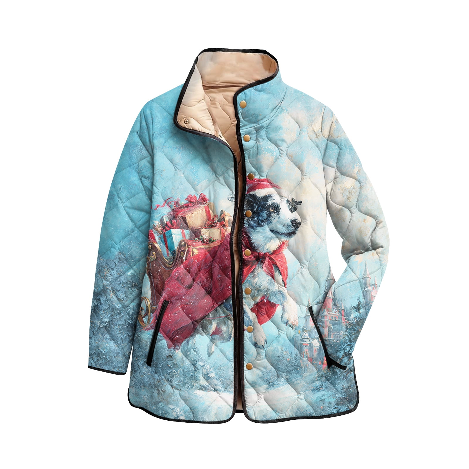 CharmCyan Women's Christmas Print High-Neck Padded Long Sleeve Button ...