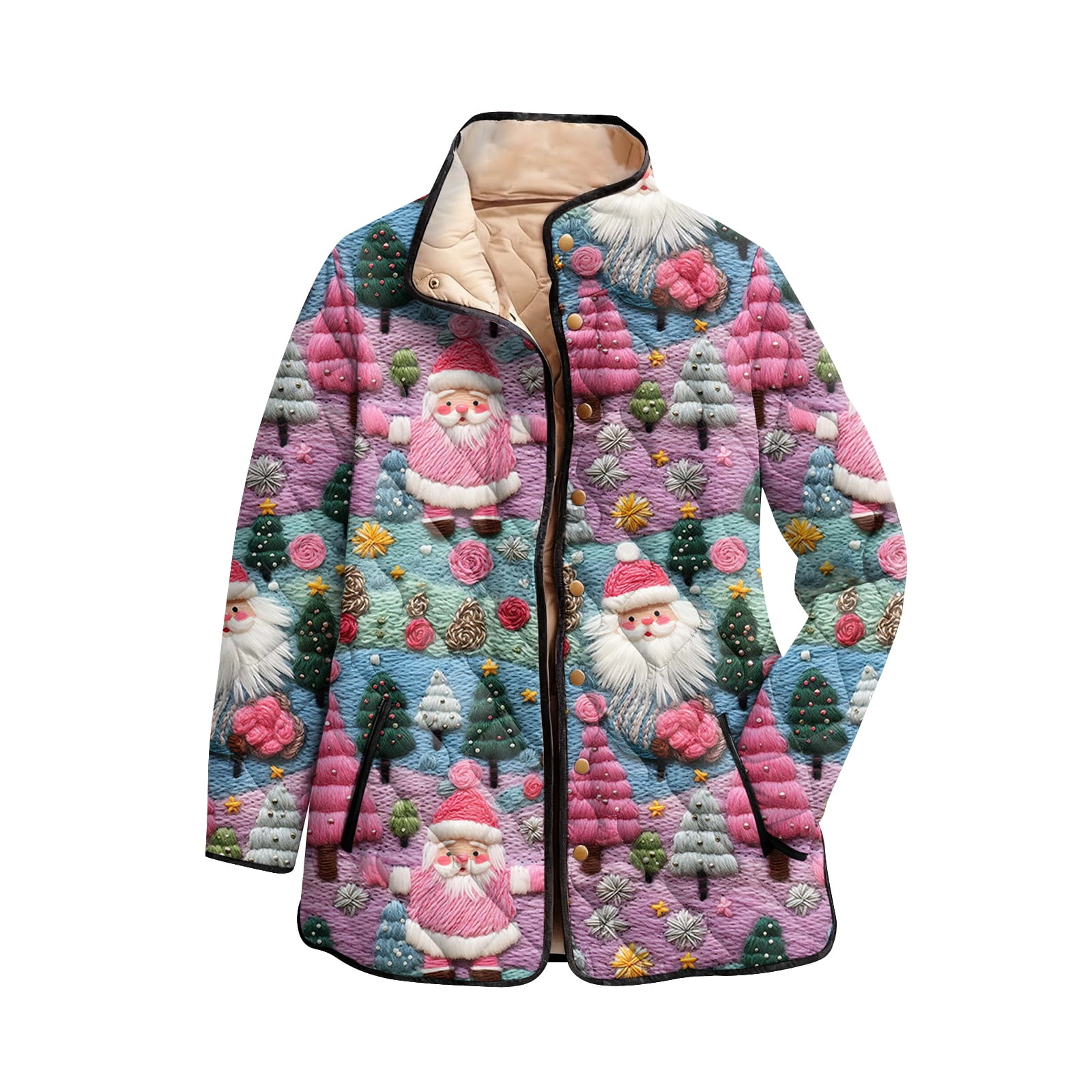 CharmCyan Women's Christmas Print High-Neck Padded Long Sleeve Button-Up Cotton Coat Purple Pink ...