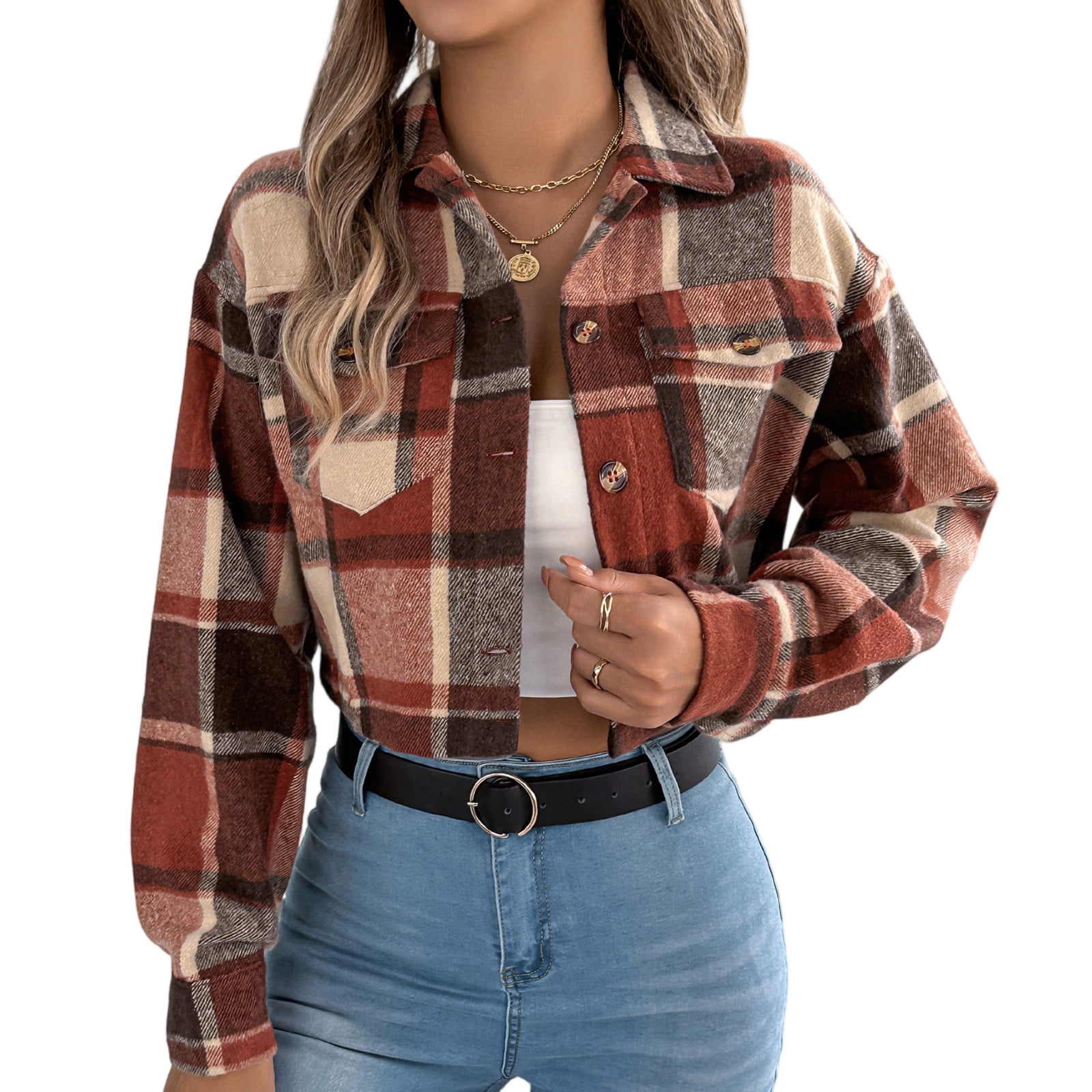 CharmCyan Women’s Cropped Plaid Button Down Shirt Long Sleeve Casual ...