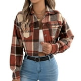 CharmCyan Women’s Cropped Plaid Button Down Shirt Long Sleeve Casual ...