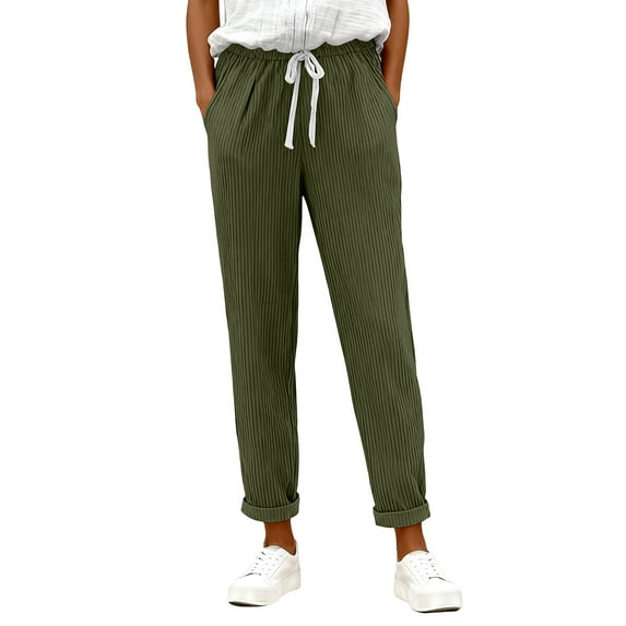 CharmCyan Women's Fashion Solid Color Elastic Waist Pocket Strap Casual Pants Army Green S ...