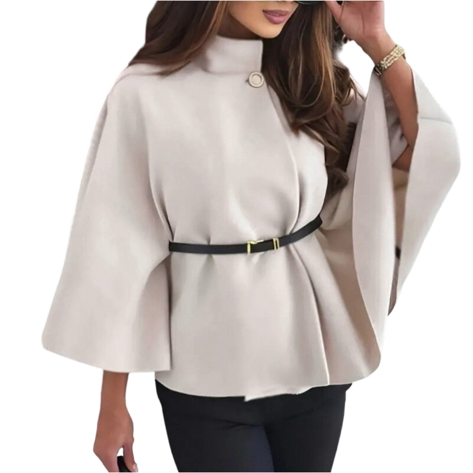 CharmCyan Women's Fashion Solid Waist Tie Woolen Cape Coat Beige S ...