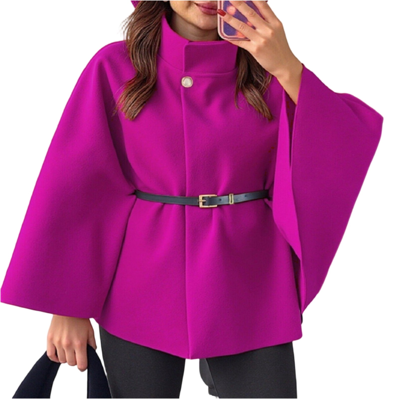 CharmCyan Women's Fashion Solid Waist Tie Woolen Cape Coat Hot Pink XL ...