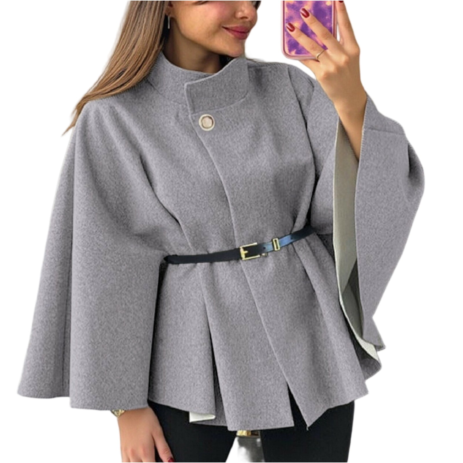CharmCyan Women's Fashion Solid Waist Tie Woolen Cape Coat Light Gray ...