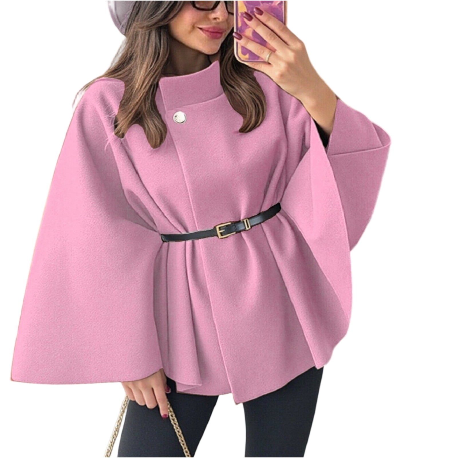CharmCyan Women's Fashion Solid Waist Tie Woolen Cape Coat Pink S ...
