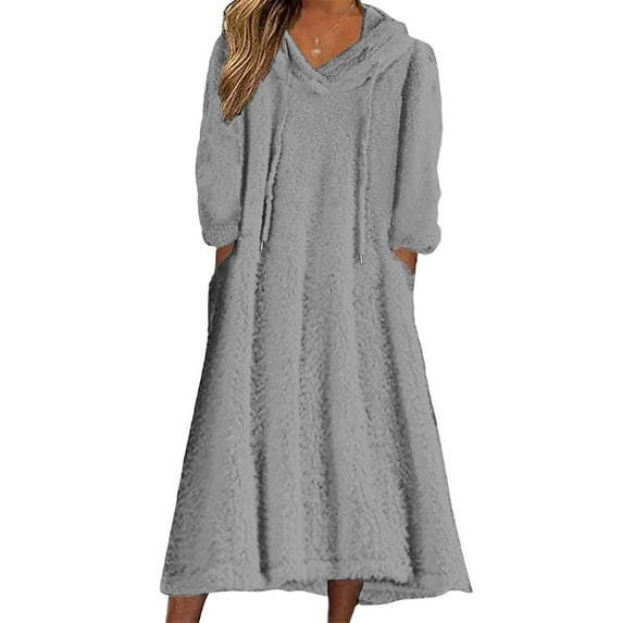 CharmCyan Women’s Hooded Long Sleeve Fleece Maxi Dress with Drawstring ...