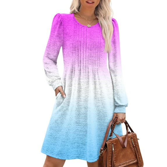 CharmCyan Women's Long Sleeve Pleated Round Neck Gradient Printed ...