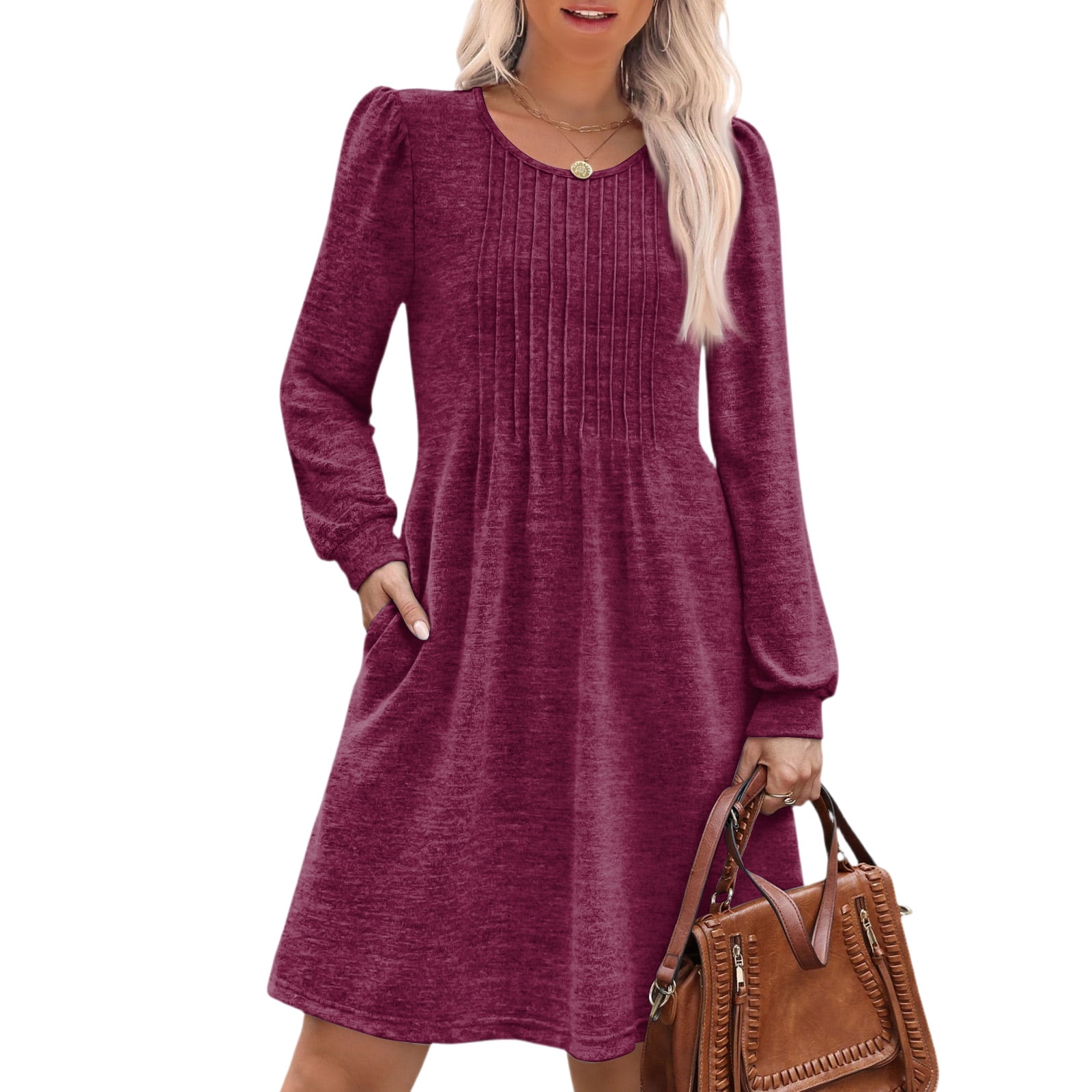 CharmCyan Women's Long Sleeve Pleated Round Neck Solid Color Casual ...