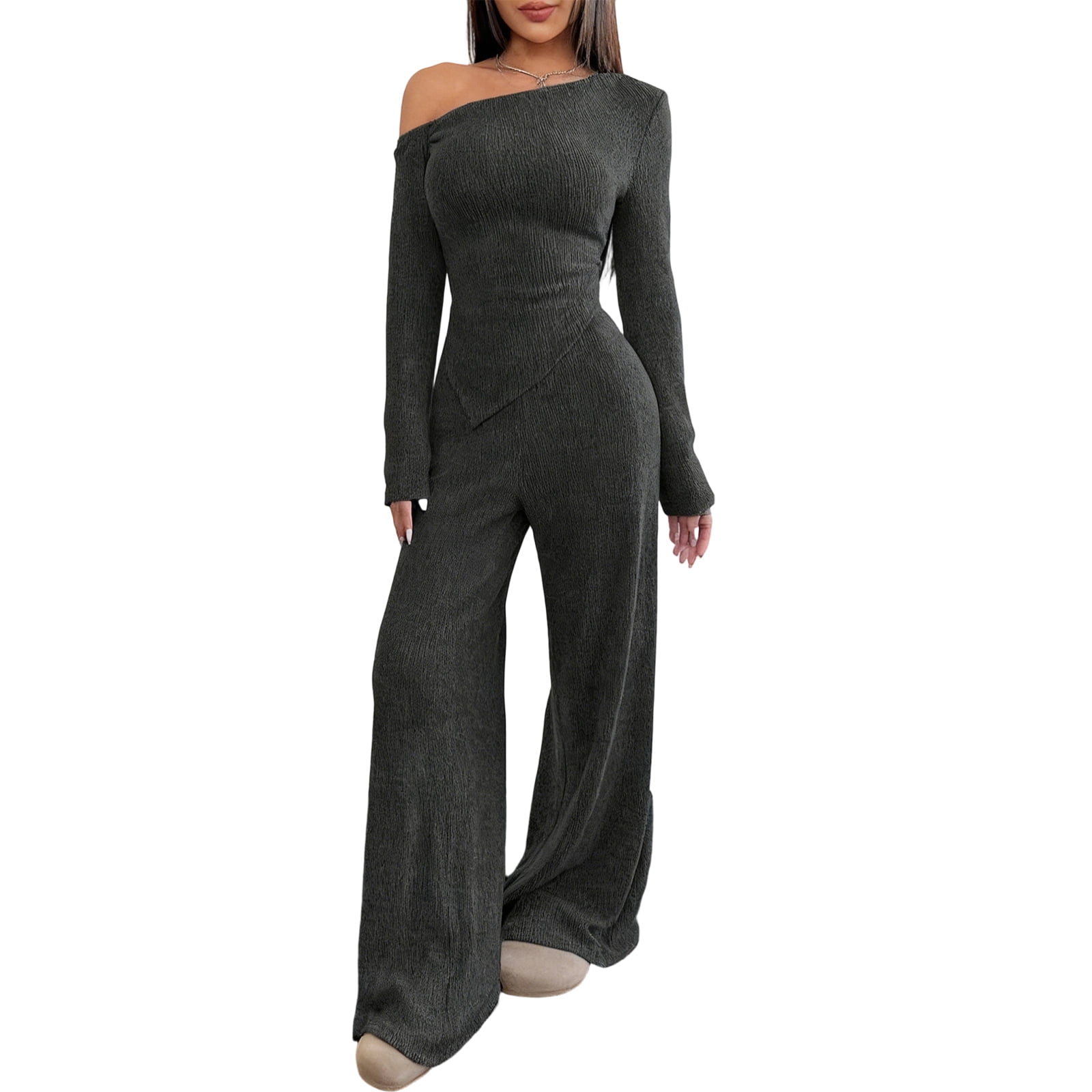 CharmCyan Women’s One Shoulder Long Sleeve Ribbed Knit Jumpsuit Wide ...