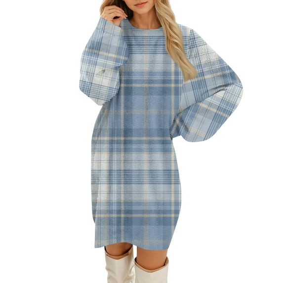 CharmCyan Women's Round Neck Casual Long Sleeve Plush Dresses Blue A XL ...