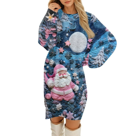 CharmCyan Women's Round Neck Casual Long Sleeve Plush Dresses Dark Blue ...