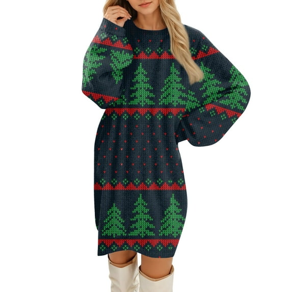 CharmCyan Women's Round Neck Casual Long Sleeve Plush Dresses Navy B XL ...