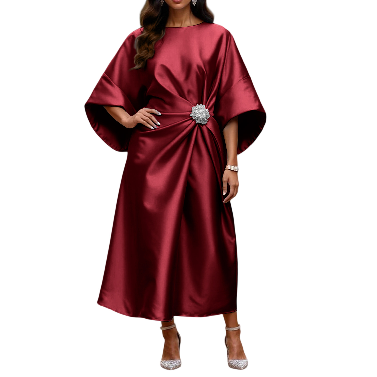 CharmCyan Women’s Satin Midi Dress with Batwing Sleeves and Decorative ...