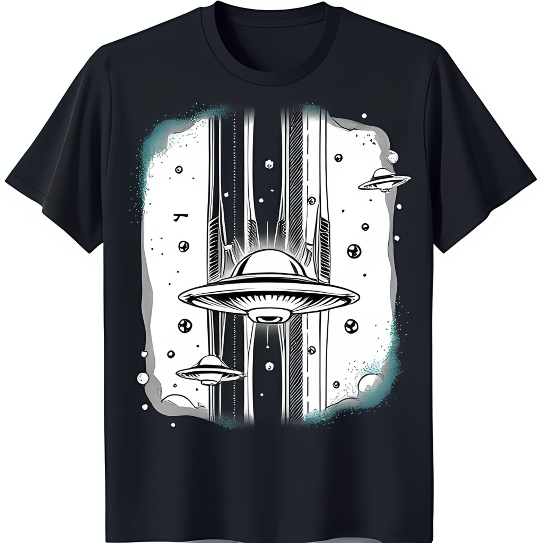 CharmDream Weave Black T-Shirt with White Graphic of Four UFOs Over ...