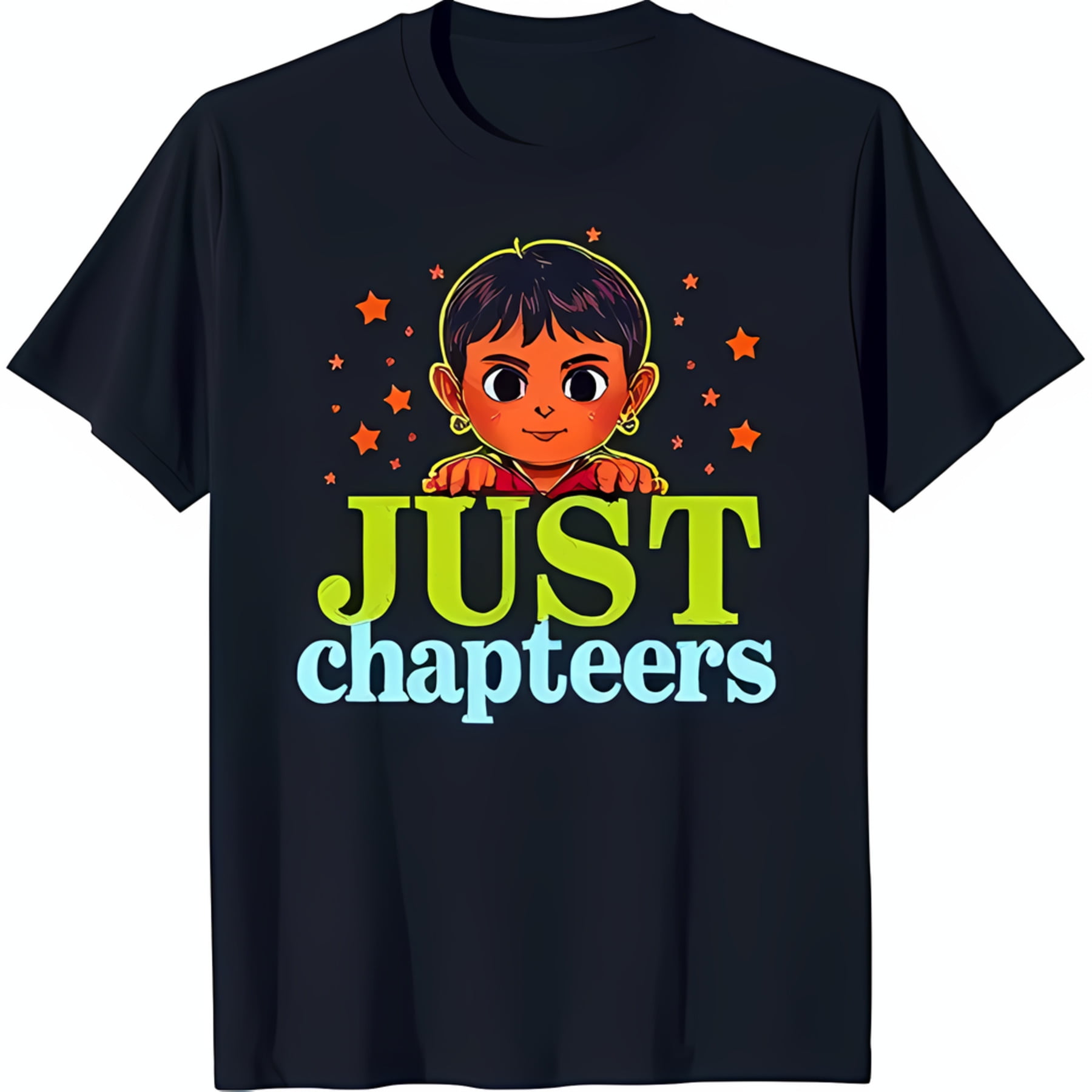 CharmDream Weave Playful Black T-Shirt with Cartoon Boy Peeking Behind 'JUST chapters' Banner ...