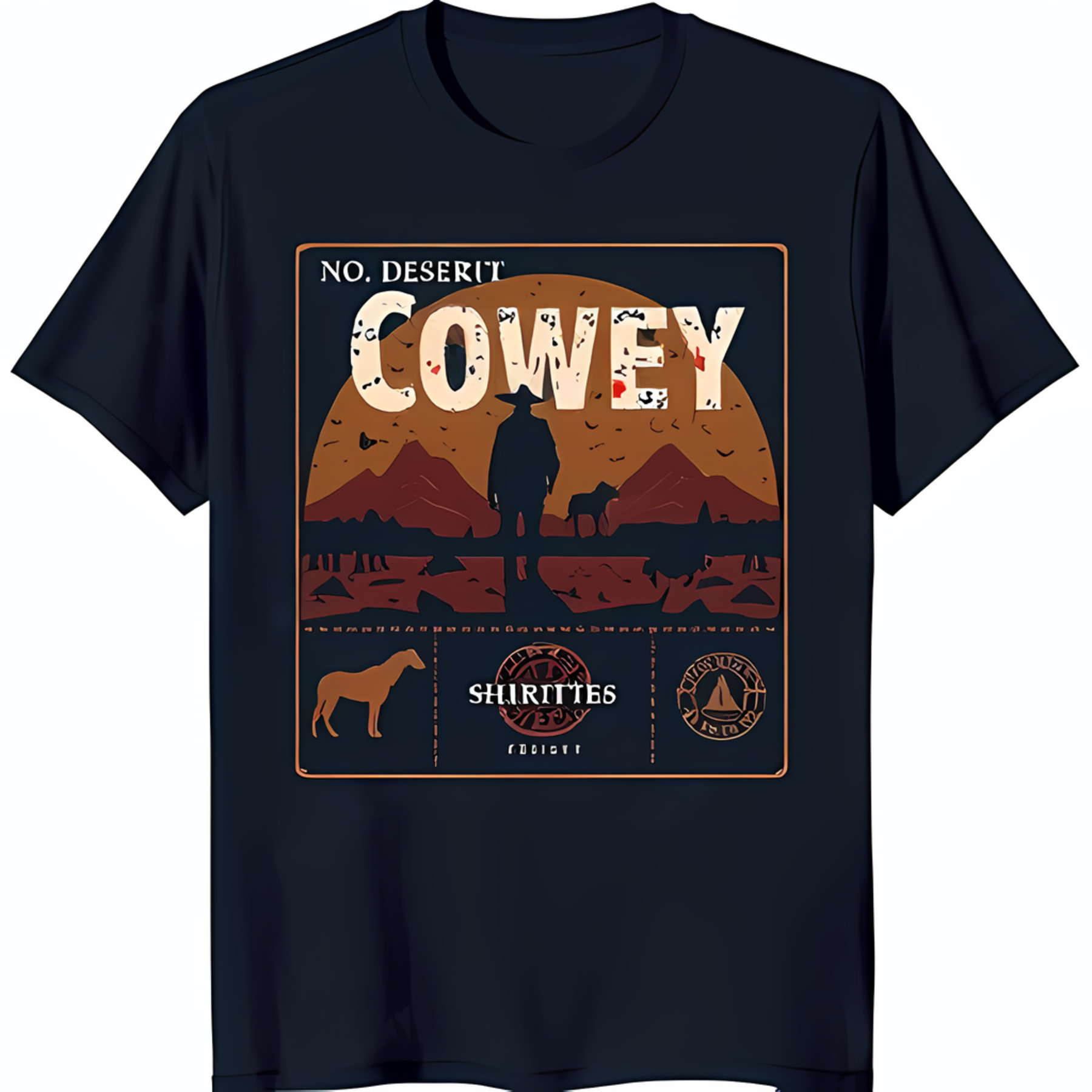 CharmDream Weave Vintage Dark Blue T-Shirt with Cowboy & 'NO DESERT ...