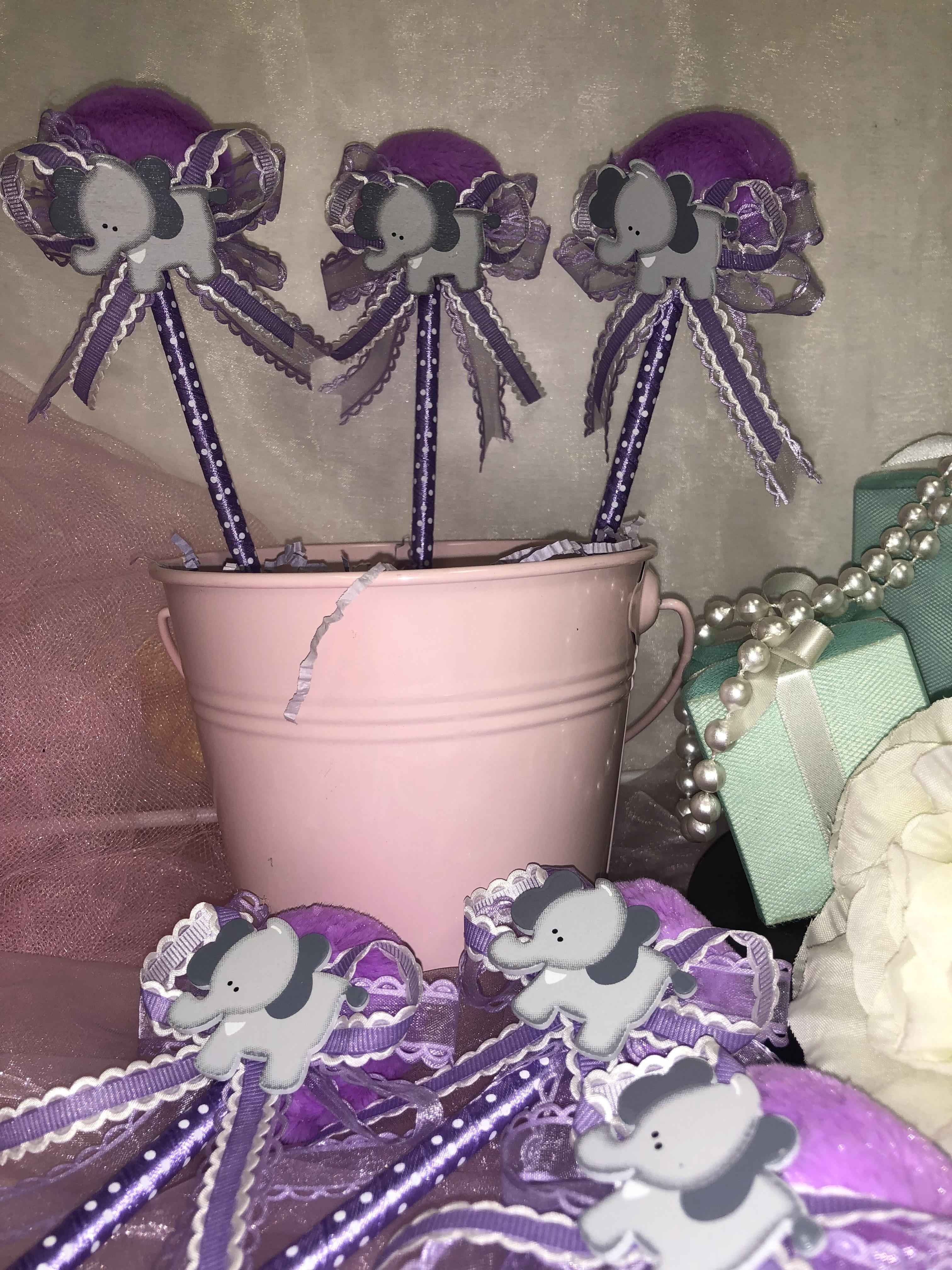 Charmed Baby Shower Elephant PomPom Pens Favors Purple/Gray It's a Girl ...