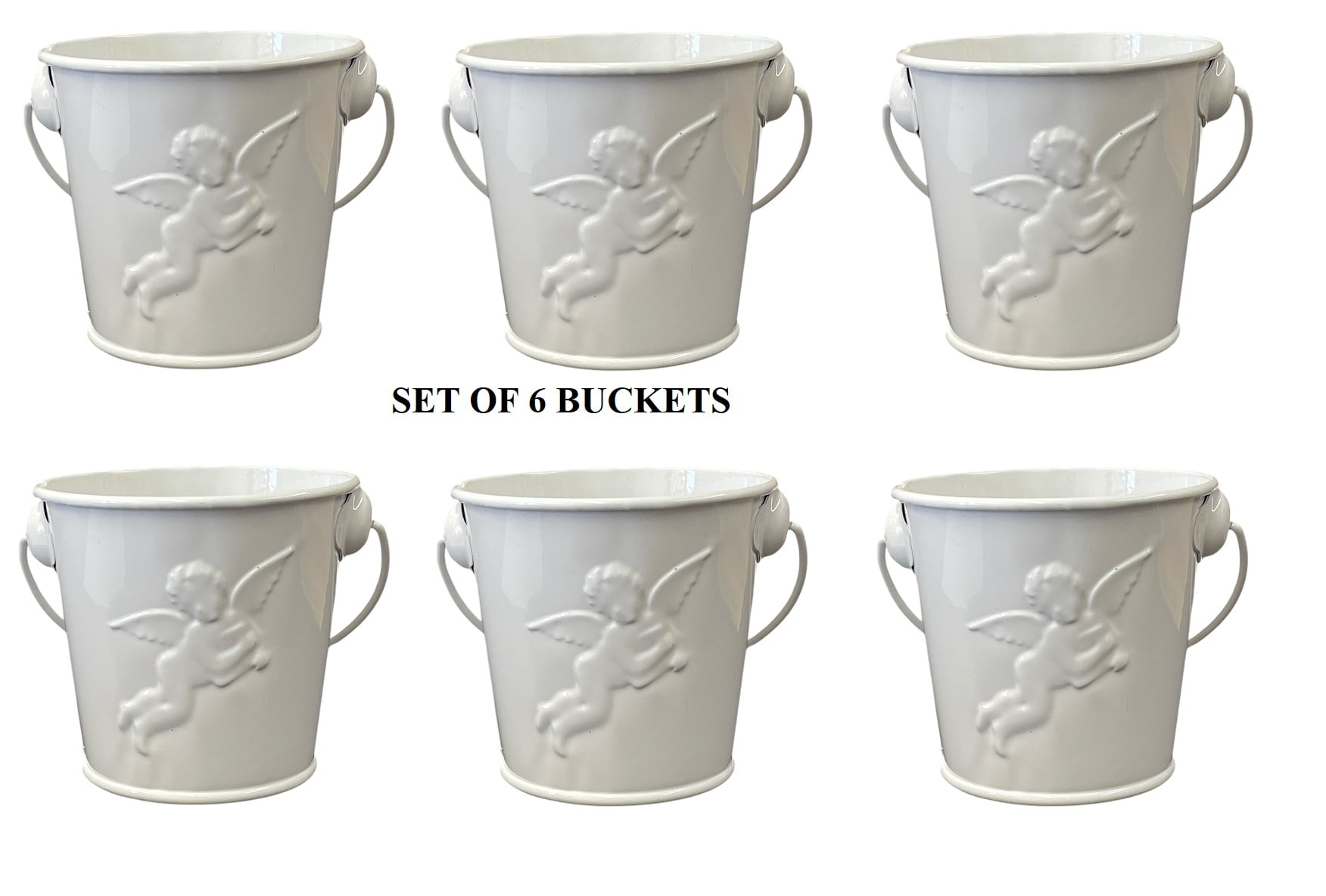 Charmed Set of 6 Counts Christmas Holiday White Angel Metal Tin Bucket ...