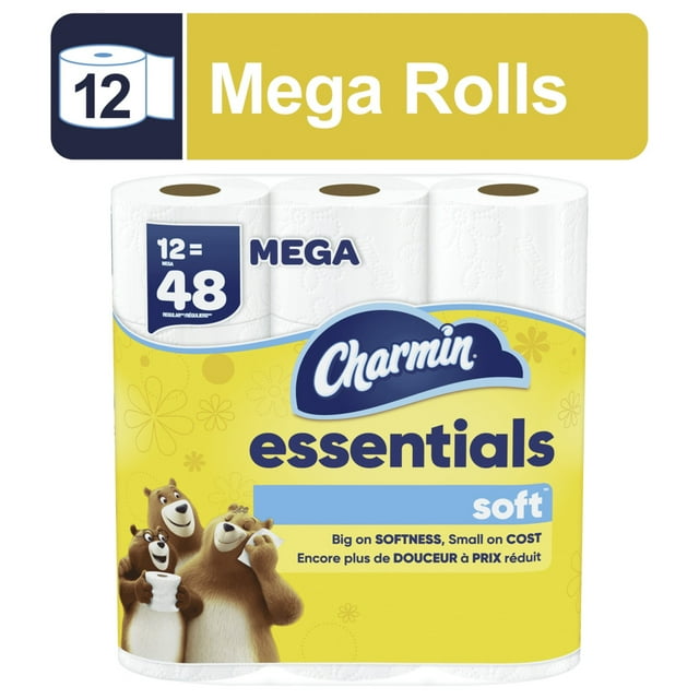 Charmin Essentials Soft 2-Ply Toilet Paper, 12 Mega Rolls, Long-Lasting ...