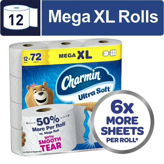 Charmin Toilet Paper Ultra Soft, 12 Mega XL Rolls, 2-Ply Bath Tissue ...