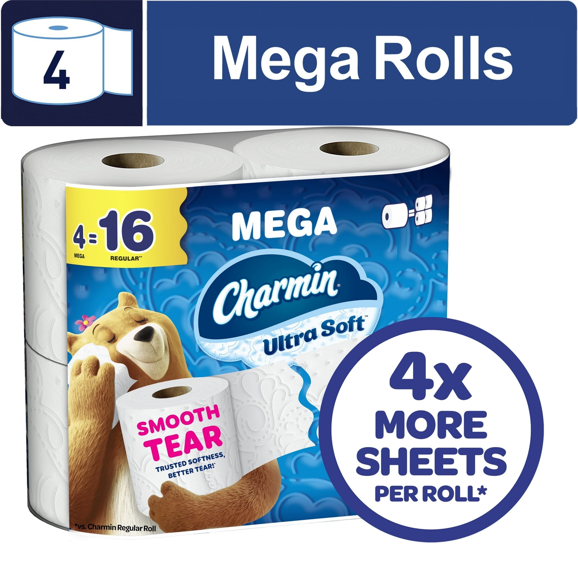 Charmin Toilet Paper Ultra Soft, 4 Mega Rolls, 2-Ply Bath Tissue ...
