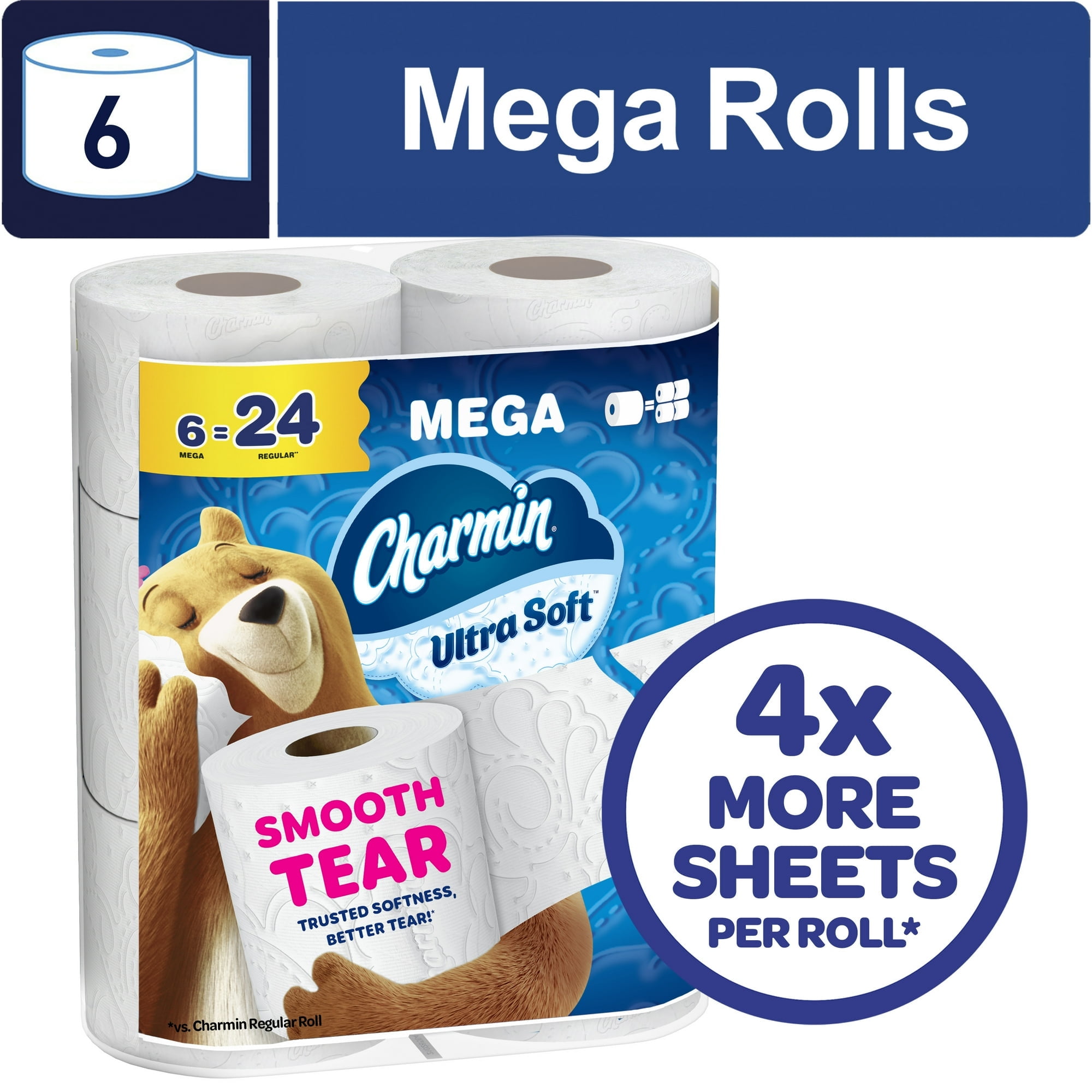 Charmin Toilet Paper Ultra Soft, 6 Mega Rolls, 2-Ply Bath Tissue ...