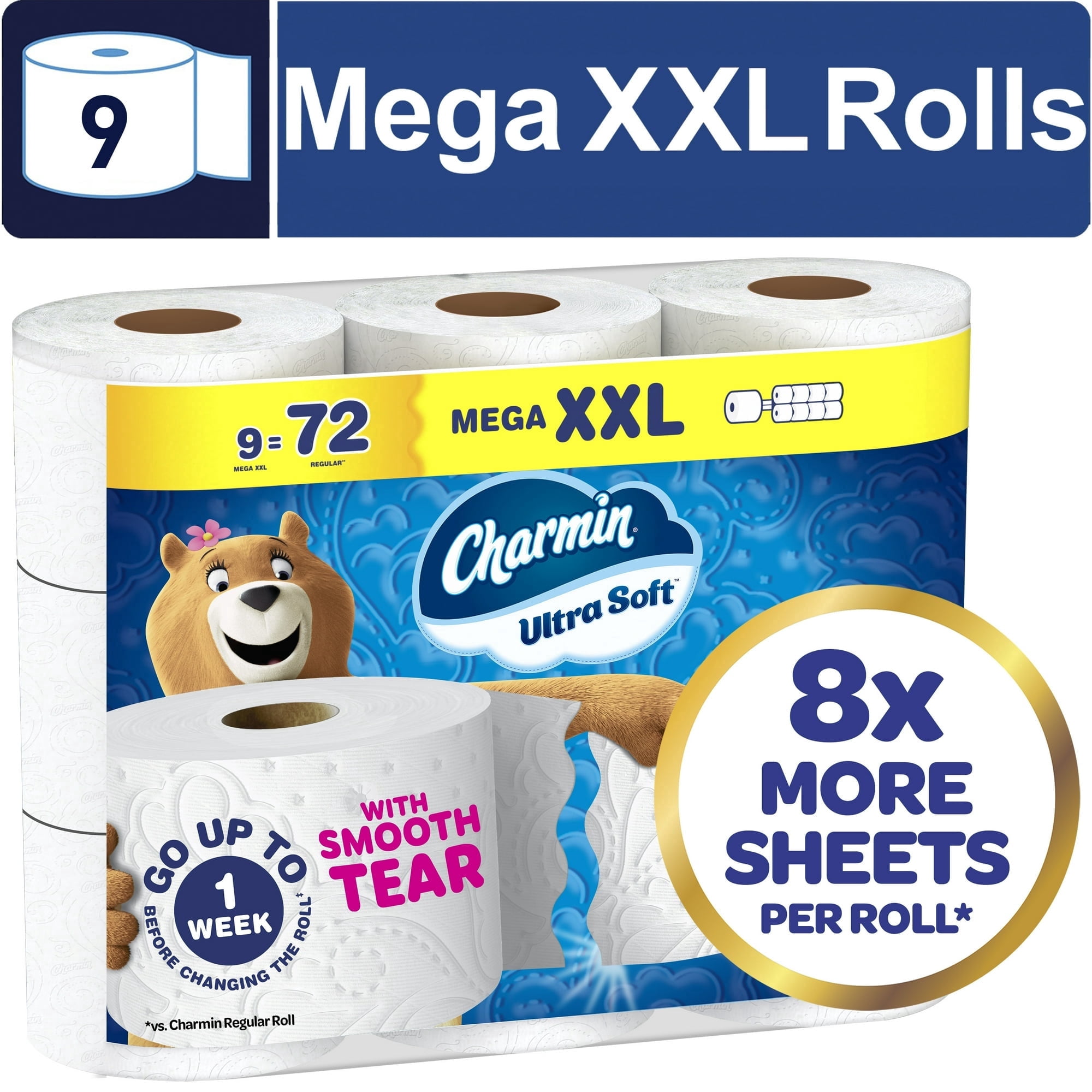 Charmin Toilet Paper Ultra Soft, 9 Mega XXL Rolls, 2-Ply Bath Tissue ...