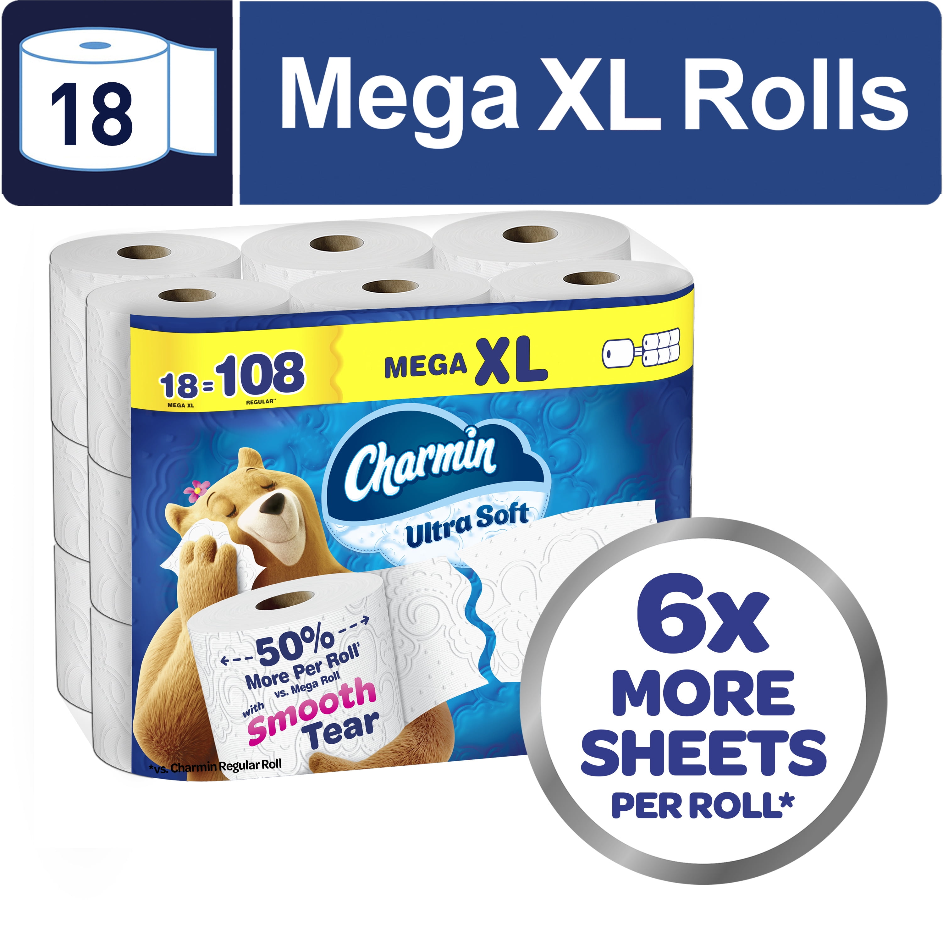 Charmin, Toilet Paper, 18 Mega XL Rolls, 2-Ply Bath Tissue - Walmart.com