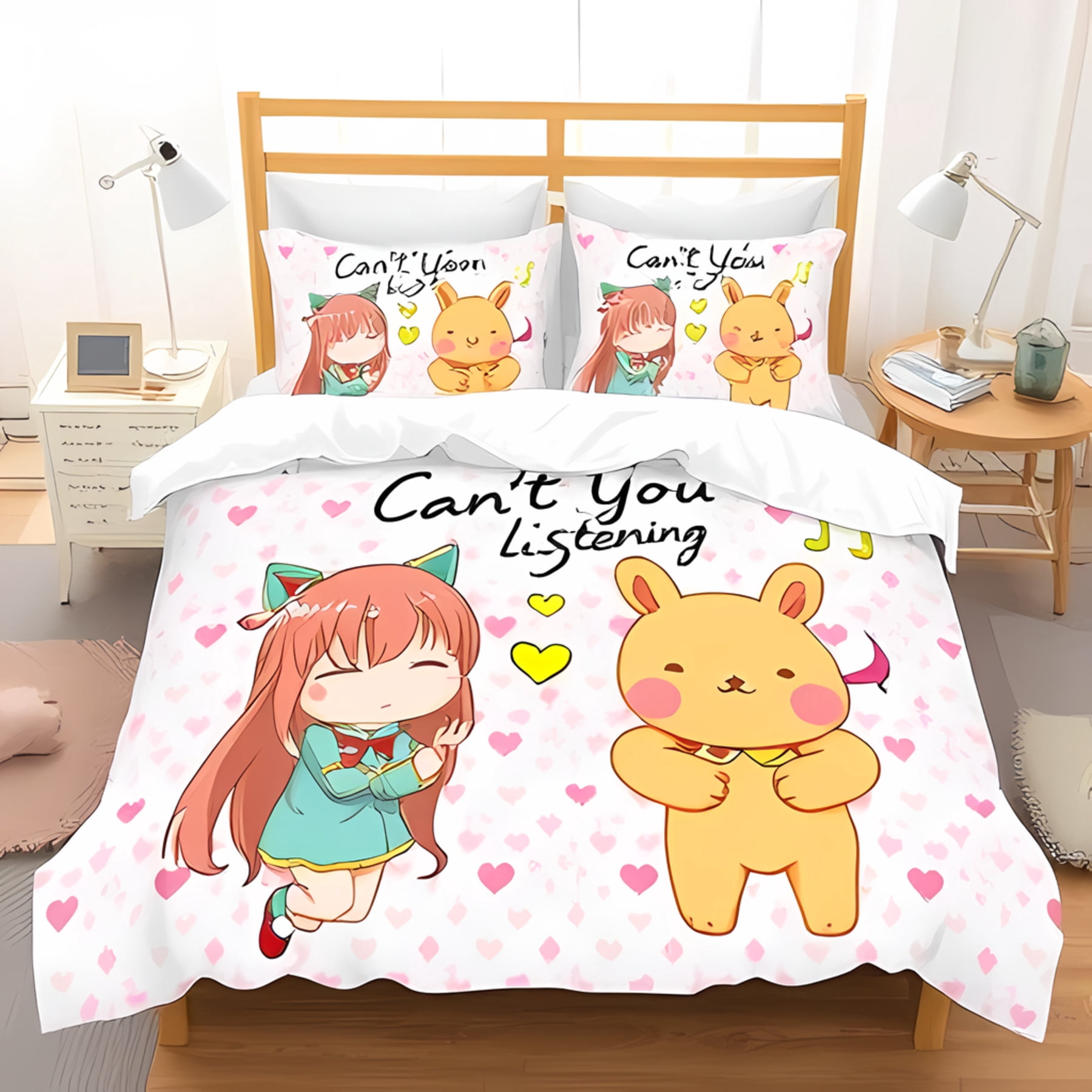 Charming 3-Piece Anime Duvet Cover Set - Light Pink Hearts Cute Anime ...