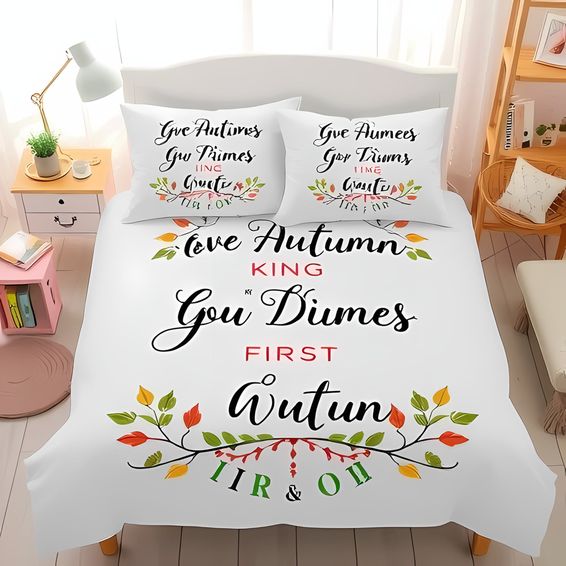 Charming 3-Piece Autumn Duvet Cover & Pillowcase Set - Elegant Cursive ...