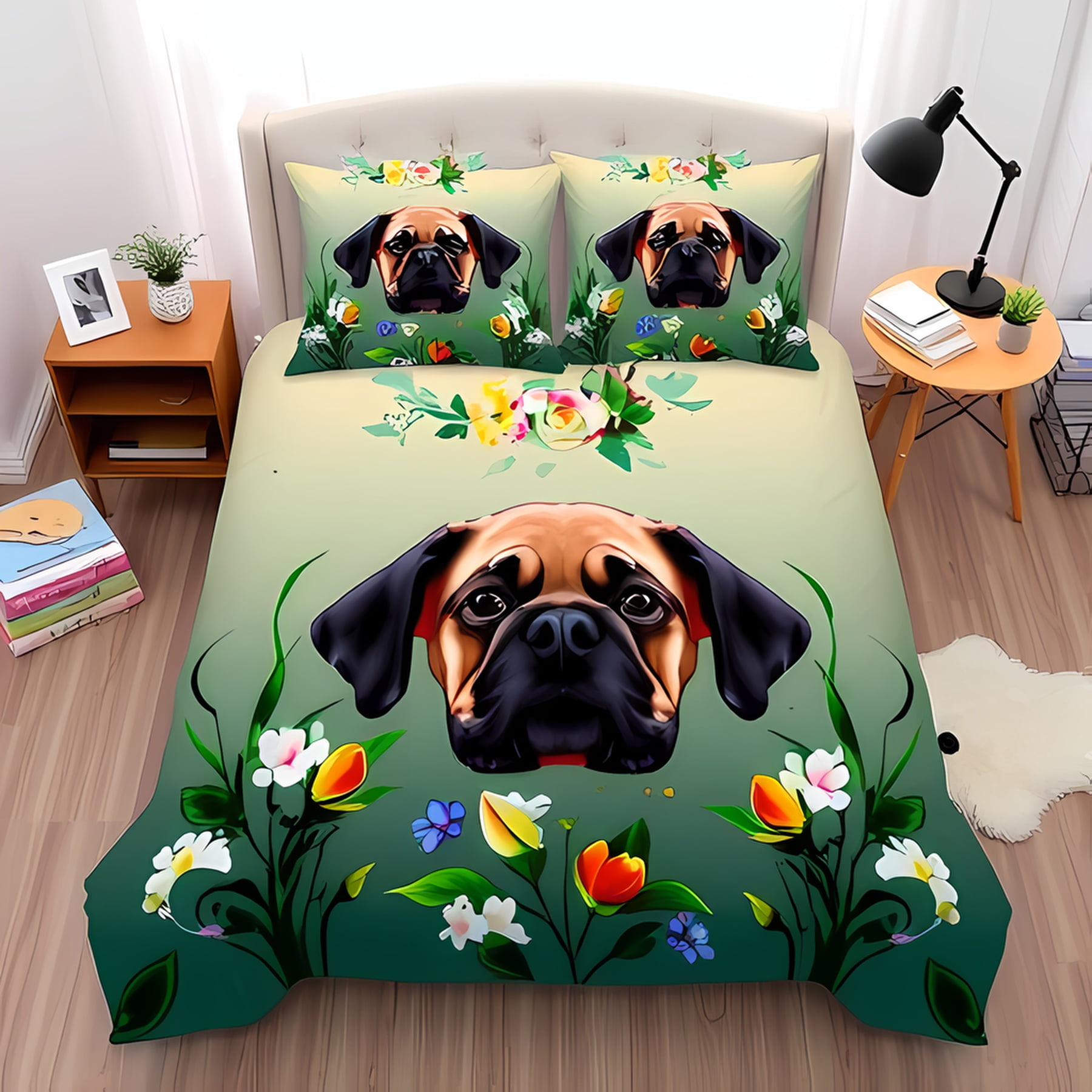 Charming 3-Piece Boxer Dog Duvet Cover & Pillowcase Set - Floral Design ...