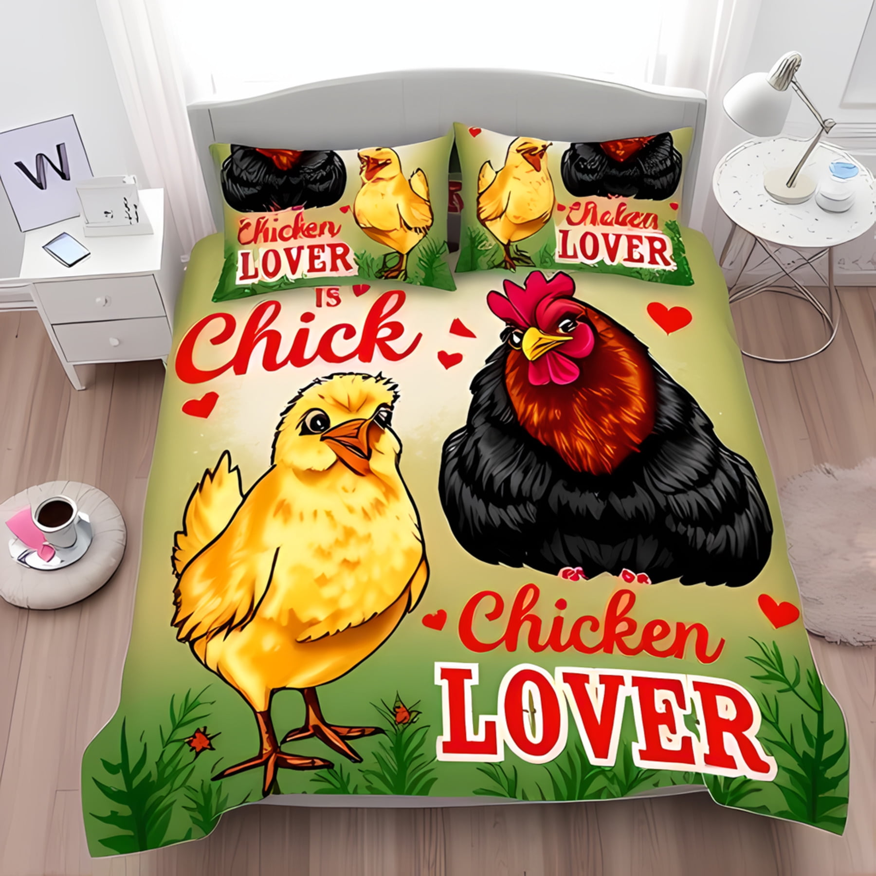 Charming 3-Piece Chicken Themed Duvet Cover Set - Vibrant Green with ...