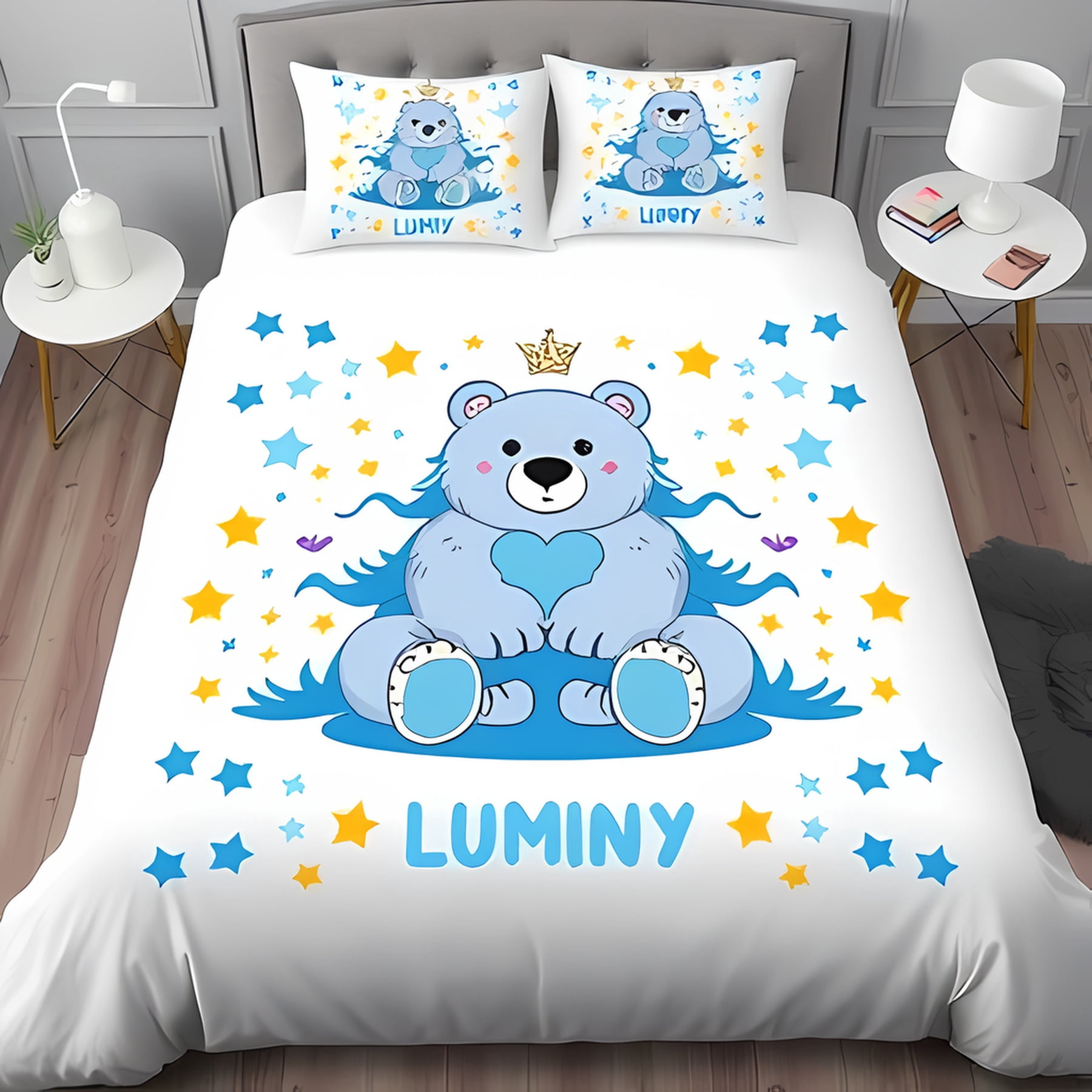 Charming 3-Piece Duvet Cover & Pillowcase Set Light Blue Bear with ...
