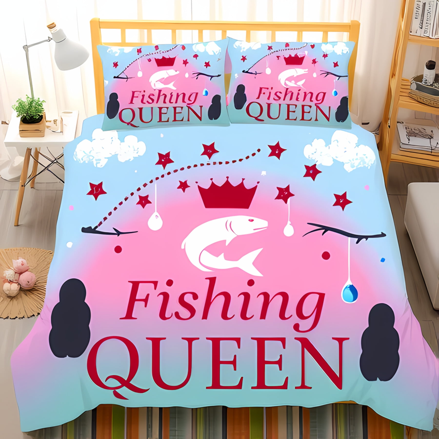 Charming 3-Piece Duvet Cover Set - Pastel Pink & Light Blue Fishing ...