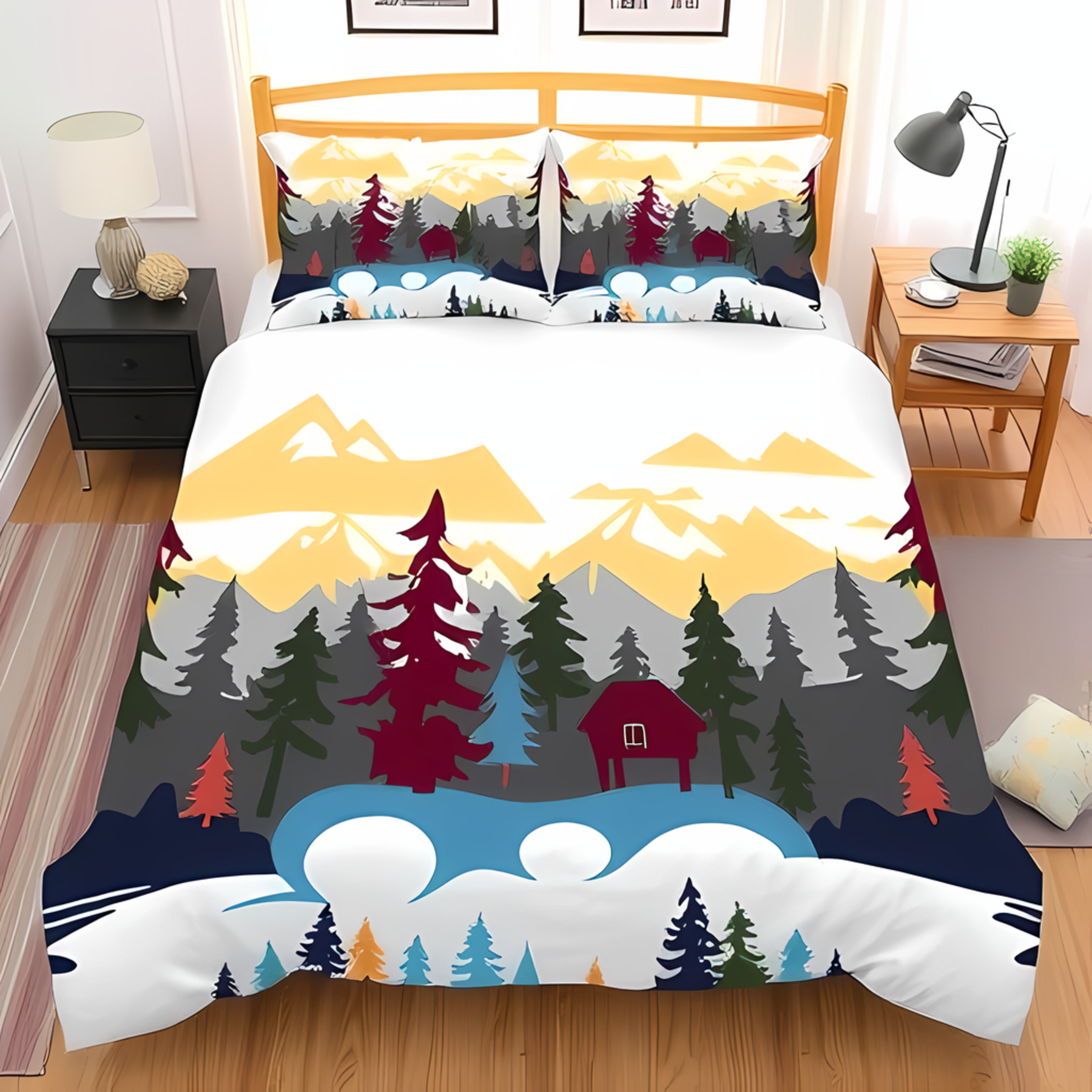 Charming 3-Piece Duvet Cover Set with Cozy Cabin & Trees - Nature ...
