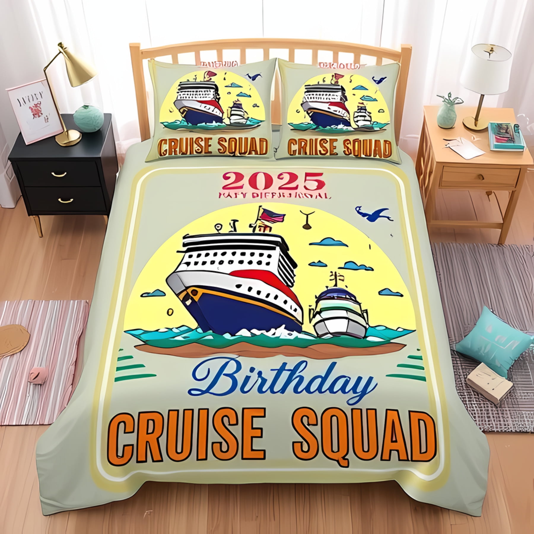 Charming 3-Piece Duvet Cover Set with Cruise Ship Design Pastel Green ...