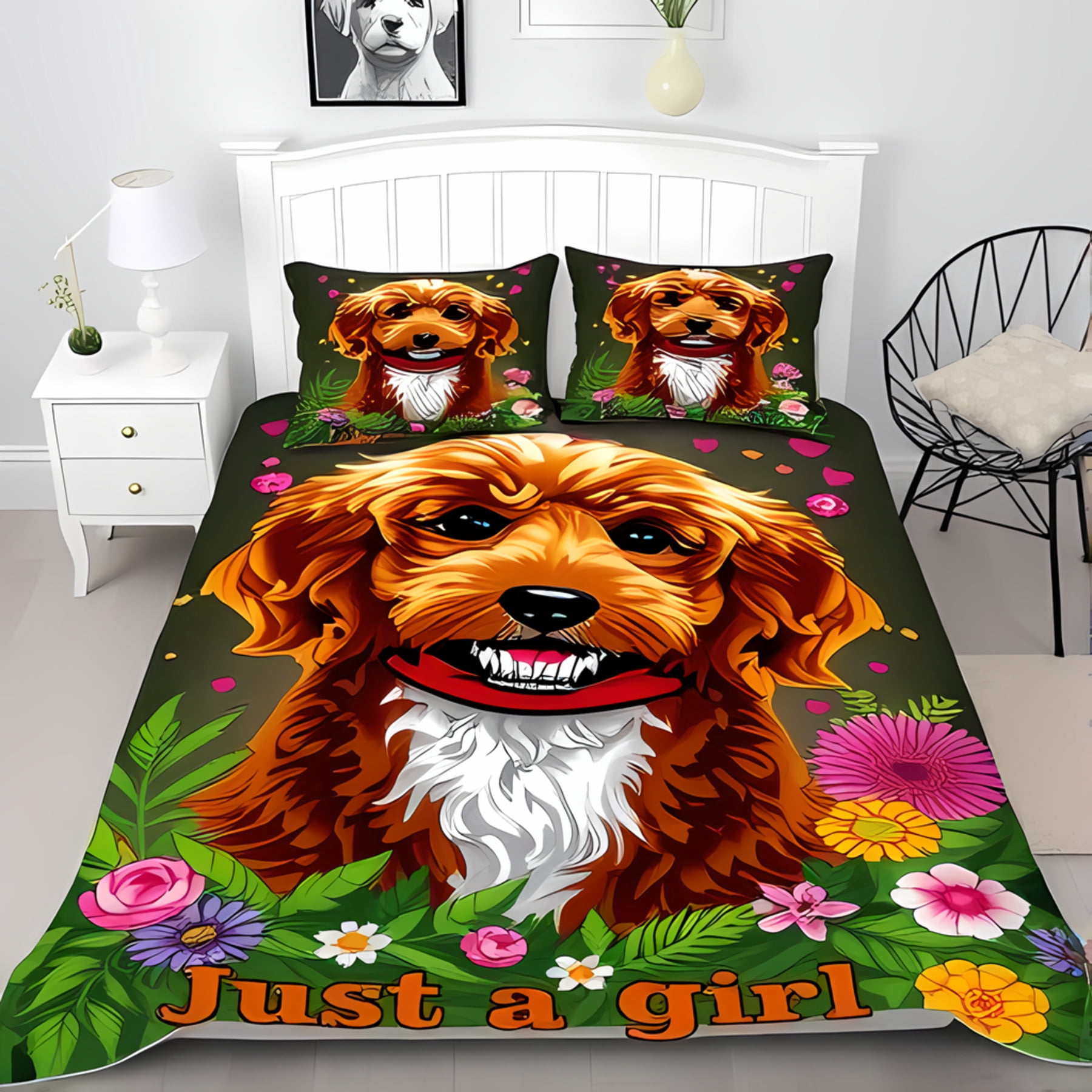 Charming 3-Piece Duvet Cover Set with Fluffy Cockapoo & Colorful Floral ...