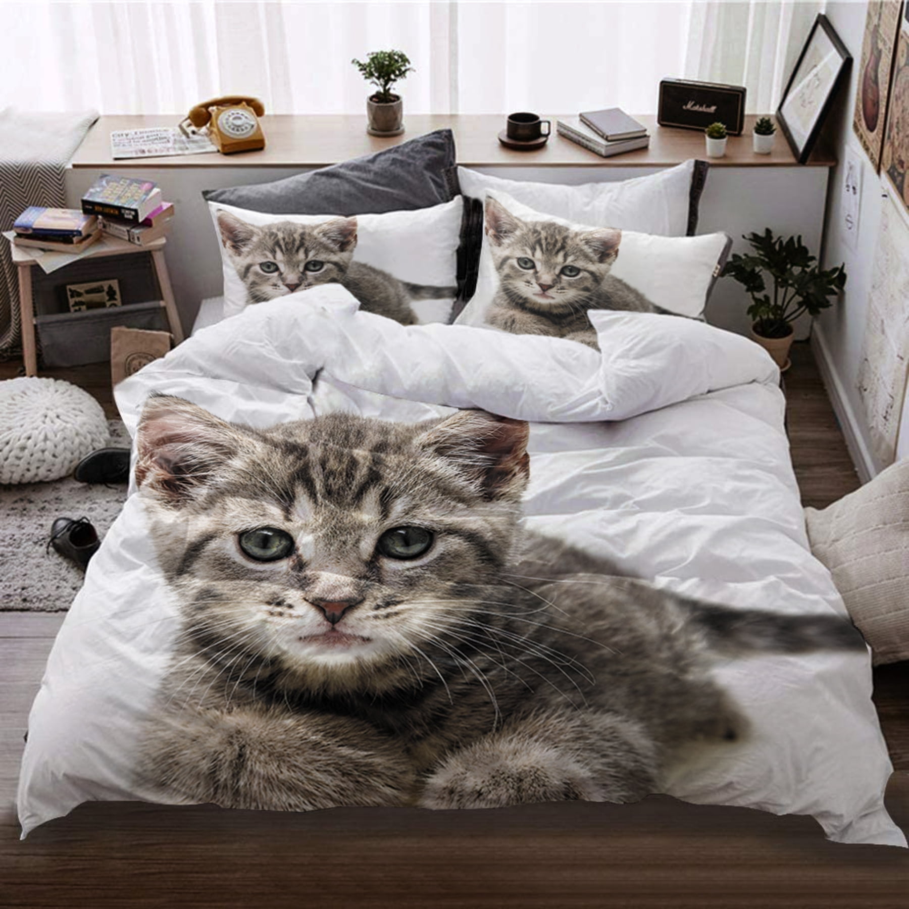 Charming 3-Piece Duvet Cover Set with Grey Tabby - Cozy Bedding for a ...