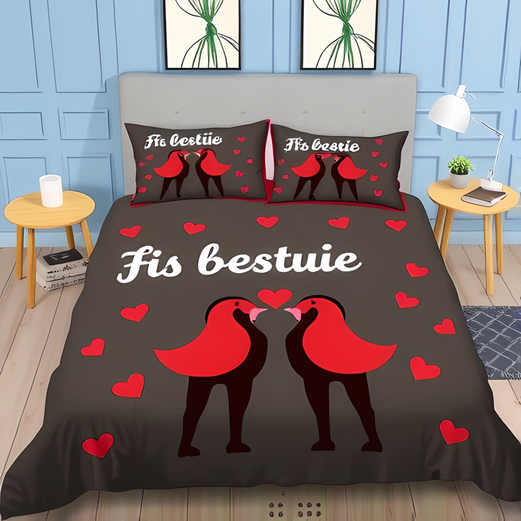 Charming 3-Piece Duvet Cover Set with Playful Bird Design & Heart ...