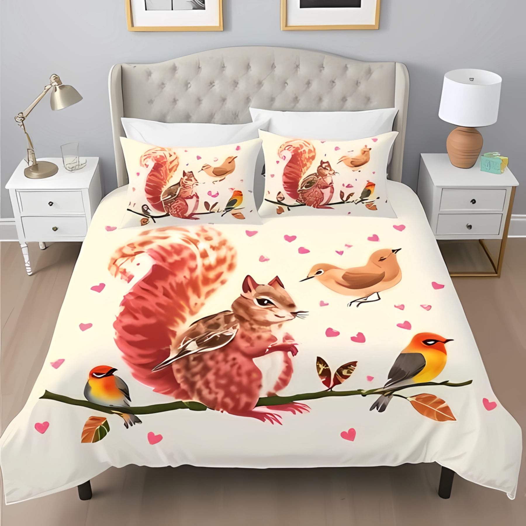 Charming 3-Piece Duvet Cover Set with Playful Squirrel & Colorful Birds ...