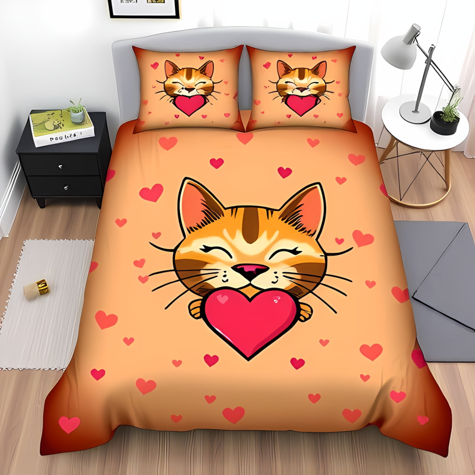Charming 3-Piece Duvet Cover Set with Whimsical Orange Tabby Cat & Red ...
