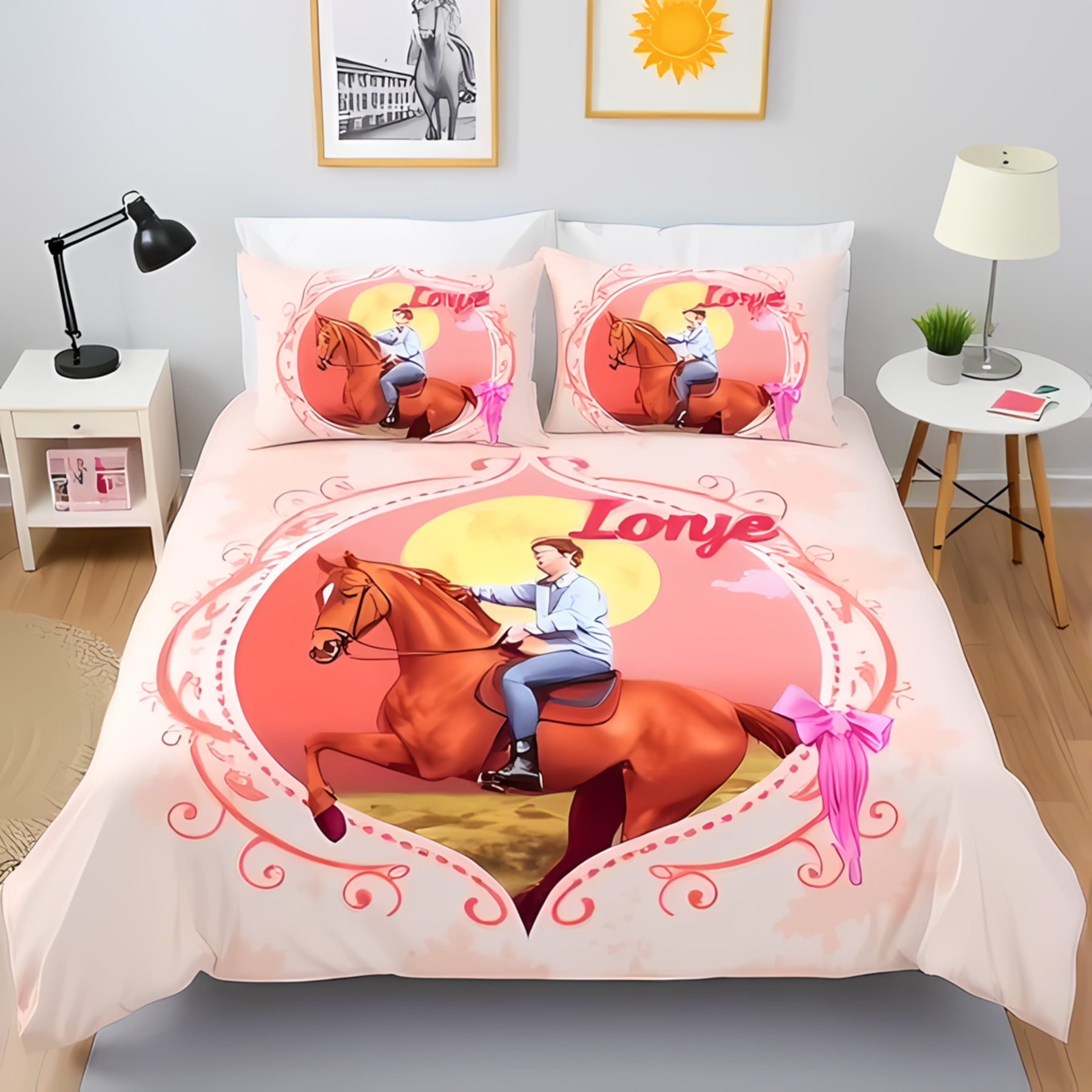 Charming 3-Piece Equestrian Duvet Cover Set - Girl Riding Chestnut Horse Personalized "Lony ...