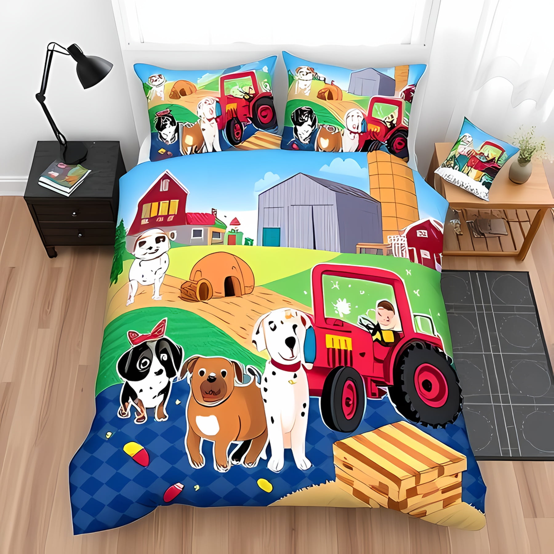 Charming 3-Piece Farm Scene Bedding Set with Cartoon Dogs & Red Tractor ...